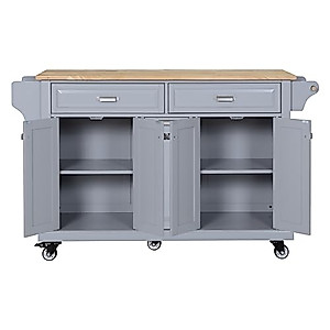 Cambridge Rolling Kitchen Island on Wheels Utility Cart with Spice and Towel Racks and Rubber Wood Countertop, Storage Drawers, Door Cabinets, Gray