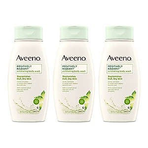 Aveeno Positively Radiant Exfoliating Body Wash with MoistureRich Soy Complex Crushed Walnut Shell for Dry, Dull Skin, SoapFree, DyeFree Hypoallergenic Formula 18 fl, 54 Fl Oz, (Pack of 3)