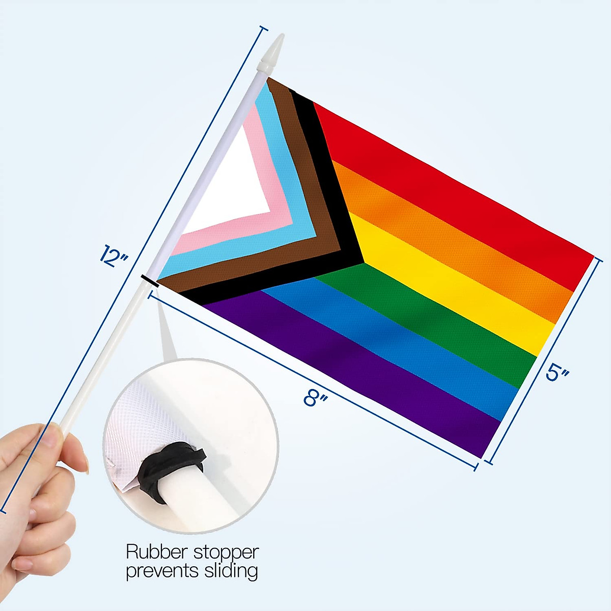 Anley Progress Rainbow Pride Mini Flag 12 Pack - Hand Held Small Miniature Rainbow Transgender Flags on Stick - Fade Resistant & Vivid Colors - 5x8 Inch with Solid Pole & Spear Top