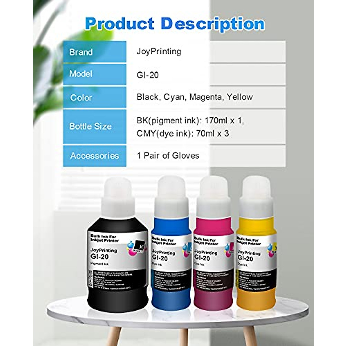JoyPrinting GI-20 Refill Ink Bottles Kit Replacement for Canon GI20PGBK GI20 Ink Work for Canon PIXMA G6020 G7020 5020 MegaTank Printers (1 Pigment Black / 1 Cyan / 1 Magenta / 1Yellow, 4 Pack)