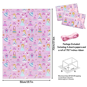 Little Princess Birthday Wrapping Paper for Girls Kids Baby Child, Lovely Pink Princess Castle Theme Gift Wrapping Paper for Birthday Baby Shower with Pink Ribbon 4 Sheets Folded Flat