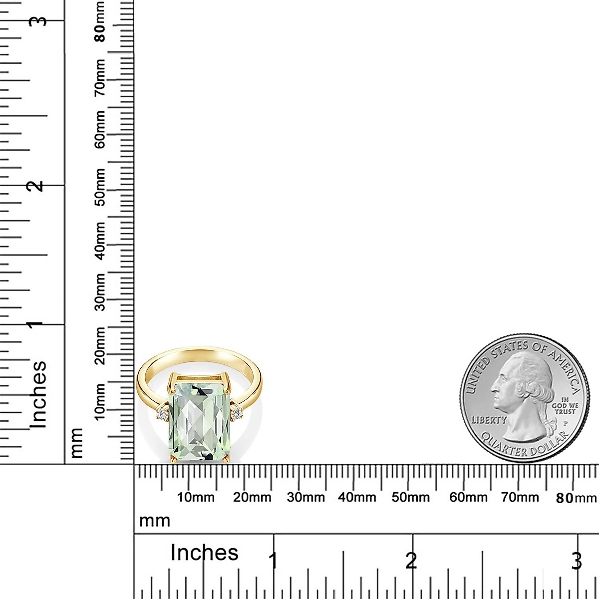 Gem Stone King 18K Yellow Gold Plated Silver Green Prasiolite and White Diamond Ring For Women (6.67 Cttw, Emerald Cut Checkerboard 14x10MM, Gemstone Birthstone, Available In Size 5, 6, 7, 8, 9)