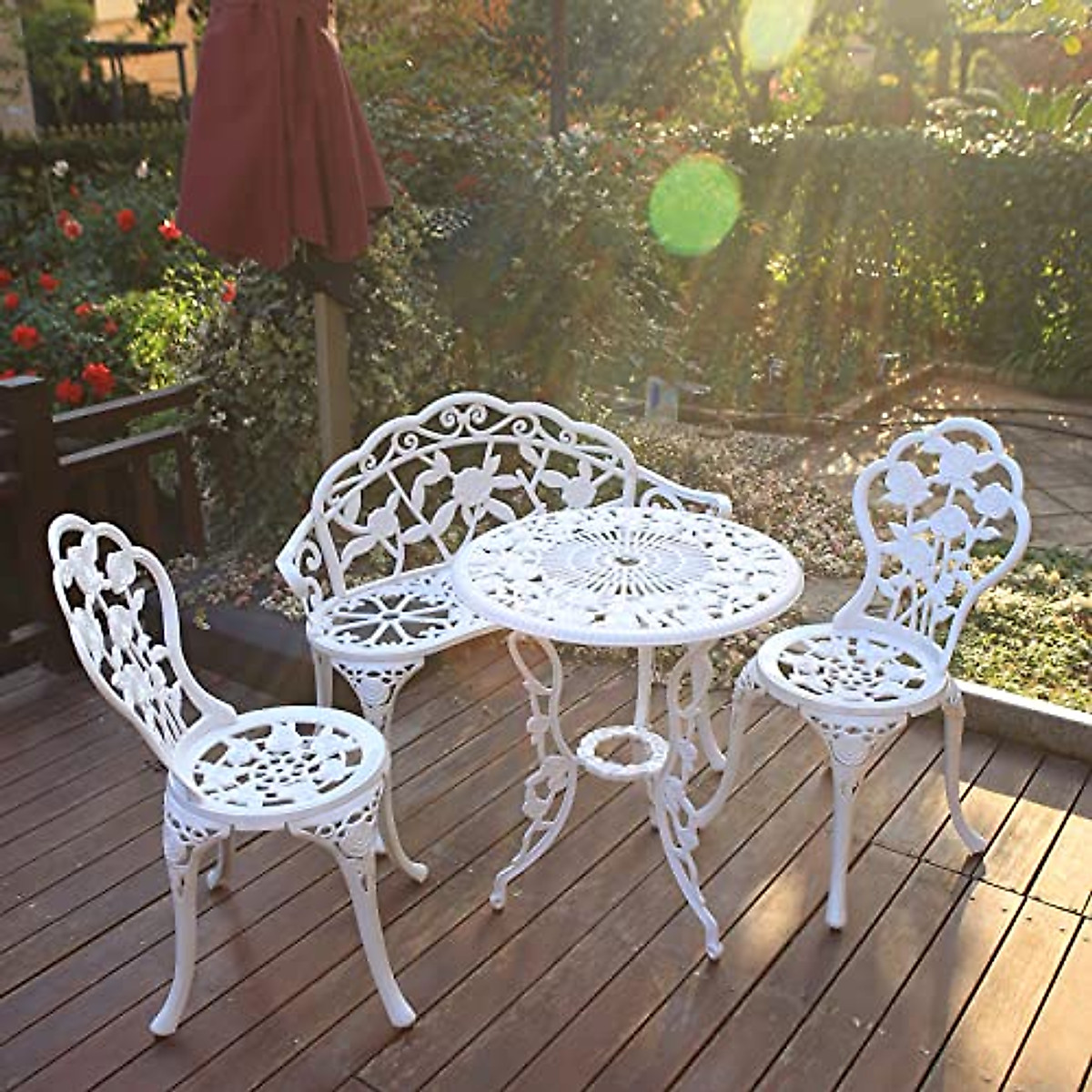 KAI LI Outdoor Outdoor Tables and Chairs cast Aluminum Four Piece Set, Including a Table, Two Round Chairs and a Bench Rose White Style Swimming Pool Leisure