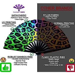 Fansay Fans - Large Hand Folding Fan for Men/Women Chinese/Japanese Bamboo with Leather Cloth Fabric Dance Festival Fan Handheld Folding Fans (Rainbow Cheetah)