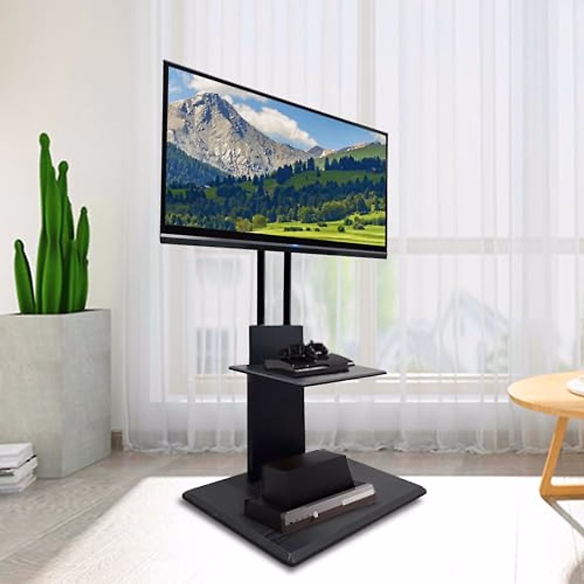 Usumairu TV Floor Stand TV Stand with Sturdy Wood Base,Angle and Height Adjustable Swivel TV Mount Stand with Media Shelf for 32-70 Inch Flat Screen TV for Bedroom Living Room (Black)