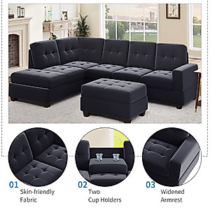 P PURLOVE Modern Sectional Sofa, Reversible Sectional Sofa with Storage Ottoman, L Shaped Couch Set with Reversible Chaise and Two Cup Holders, for Living Room Apartment, Black