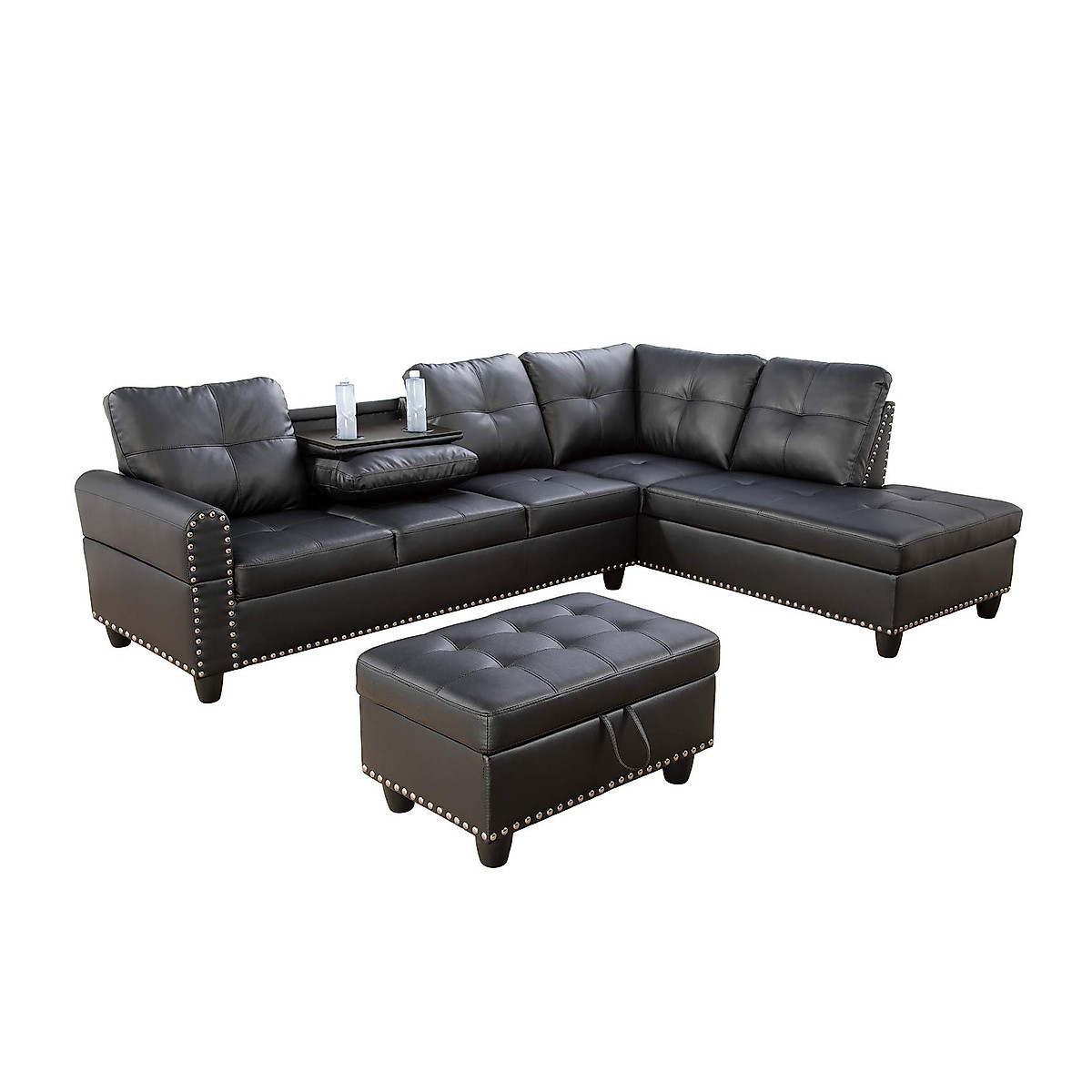 Ainehome Living Room Sectional Set, Leather Sectional Sofa in Home, with Storage Ottoman and Matching Pillows (Right Hand Facing,Black)