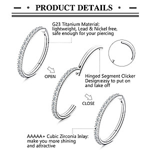 SAILIMUE G23 Titanium CZ Nose Rings Hoop for Women 18G 16G Clicker Hinged Segment Septum Lip Rings Tragus Conch Helix Cartilage Rook Daith Earrings Hoop Piercing Jewelry Diameter 6mm 8mm 10mm Silver