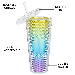 Luxfuel 24oz DIY Studded Tumbler with Lid and Straw,Reusable Plastic Acrylic Cup,Double Walled Iridescent Travel Tumbler for Iced Coffee,Cold Water,Smoothie,Wide Mouth,Spill Proof,100% BPA Free -2Pack
