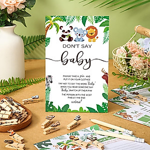 Patelai 321 Pcs Baby Shower Games Supplies, 5 Sets (50 Cards Each) Activities Cards with 20 Pencils 1 Don't Say Baby Sign 50 Clothespin(Jungle Style)
