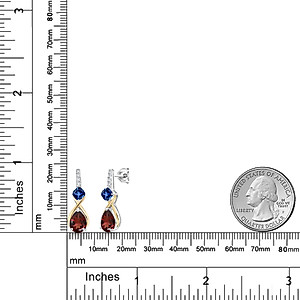 Gem Stone King 925 Sterling Silver and 10K Yellow Gold Pear Shape Red Garnet Blue Created Sapphire and White Lab Grown Diamond Dangle Earrings For Women (3.37 Cttw, Pear Shape 8X6MM)