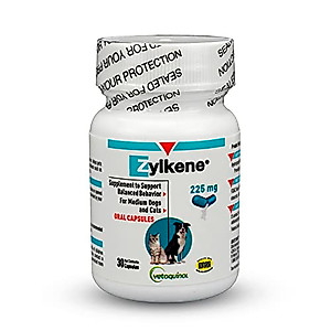 Vetoquinol Zylkene Behavior Support Capsules for Medium Dogs 33-65lbs, Calming All Natural Milk Protein Supplement, Helps Relieve Dog Anxiety During Fireworks and Thunder, 225mg