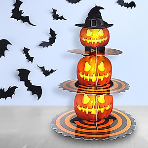 3-Tier Halloween Cupcake Stand for Dessert Table, Halloween Pumpkin Cupcake Tower Halloween Tray Orange Cardboard Cake Dessert Stand for 24 Cupcakes Halloween Party Carnival Decorations