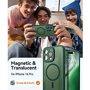 CANSHN Magnetic Compatible with iPhone 16 Pro Case, Upgraded [Full Camera Protection] [Compatible with Magsafe] [Translucent Matte] Shockproof Protective Phone Case Cover 6.3 Inch - Deep Green