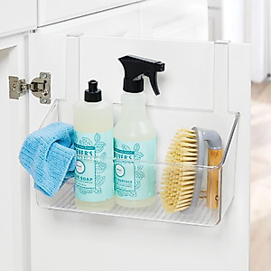 mDesign Plastic Over Cabinet Door Storage Organizer Bin for Kitchen, Pantry, Bathroom, Laundry, Utility Room - Hang Outside or Inside Door - Holds Lunch Bags, Shampoo, Cleaning Supplies, Large - Clear