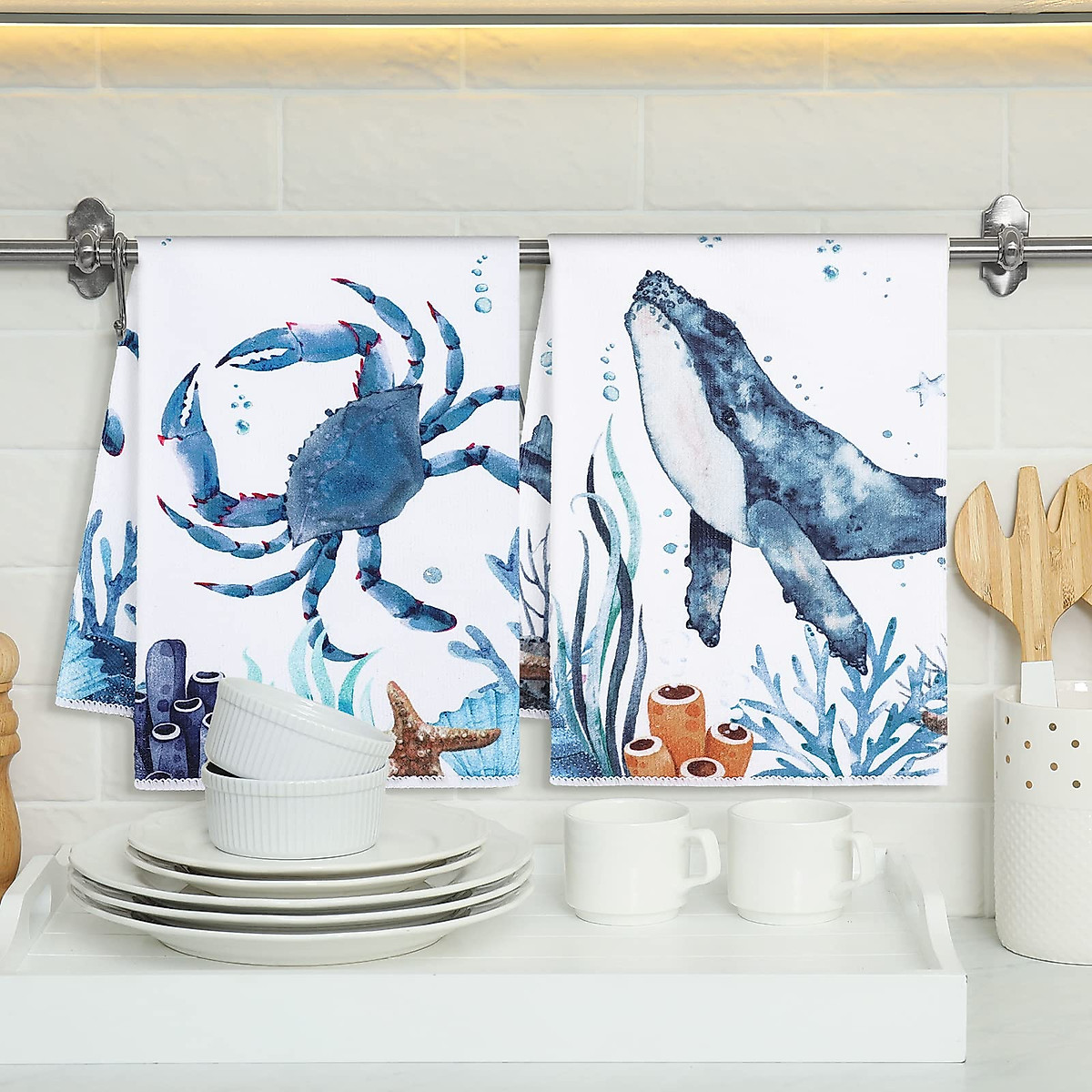 6 Pcs Beach Kitchen Towels Ocean Animal Bathroom Dish Towel Set Nautical Themed Hand Towels Summer Sea Soft Tea Towel Absorbent Dish Cloths for Kitchen Decorative Home, 15.7 x 23.6 Inch (Cute Style)