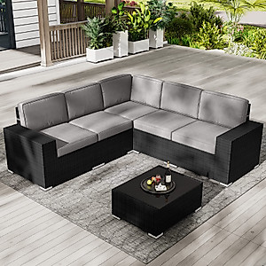 LayinSun Outdoor Patio Furniture Set 6 Pieces Sectional Conversation Sofa Set Black Rattan Sofa Set with Coffee Table
