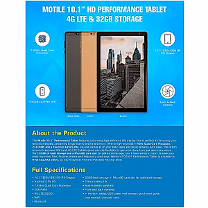MOTILE 10.1” IPS Touch Screen HD Performance Big Android Tablet, 4G LTE/3G/2G, WiFi, Bluetooth, 32GB Storage, Black