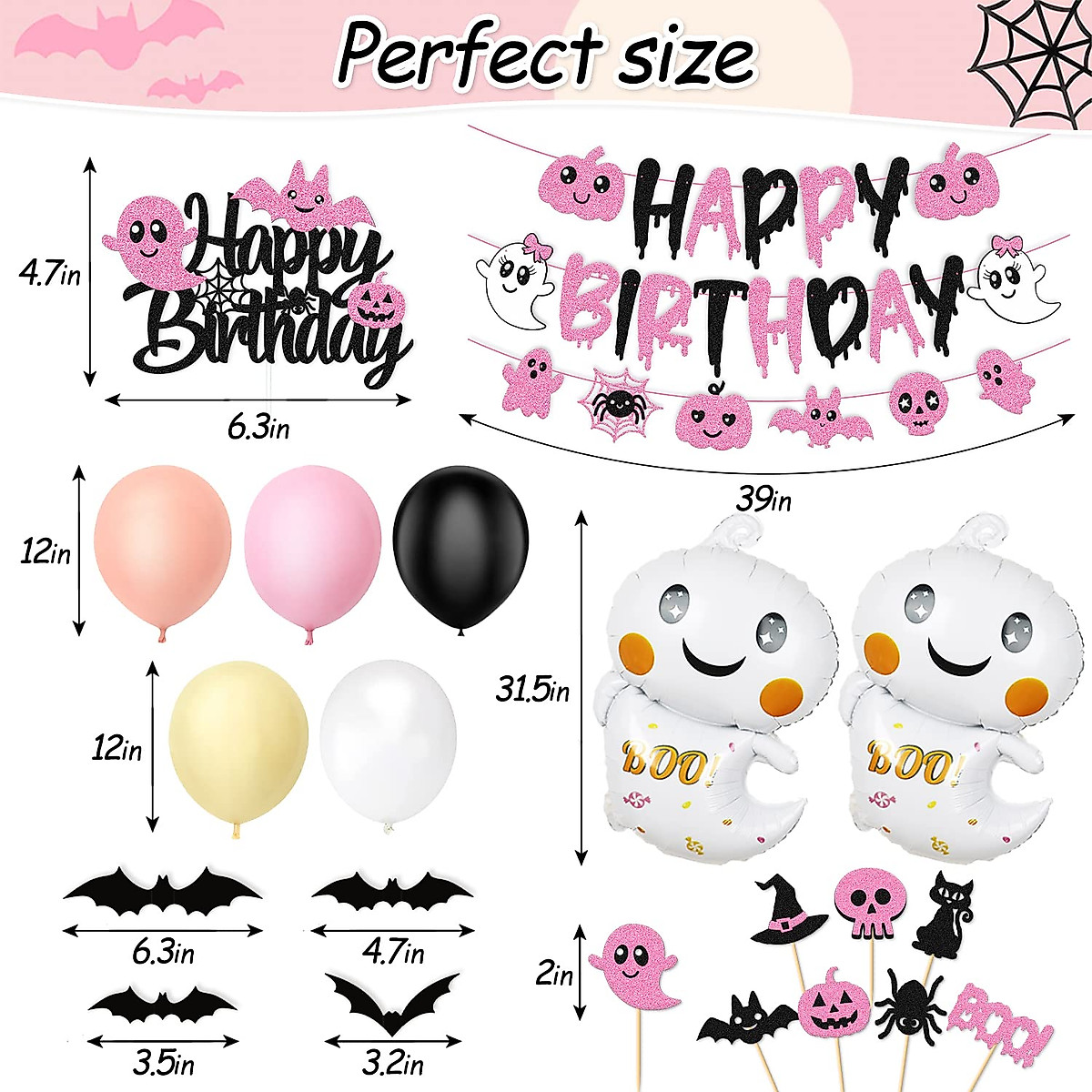67 Pcs Halloween Birthday Decorations Pink Black Birthday Banner Cake Topper Halloween Cupcake decoration 3D Bat Wall Stickers Halloween Theme Balloons Happy Birthday Party Supplies