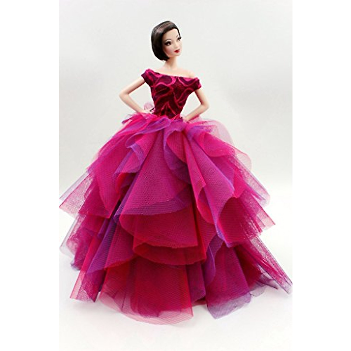 [Handmade Dress Fit for 12" Doll] Cora Gu Classic Off Shoulder Fuchsia Rose Lace Dress/Wedding Gowns Fit for 12" Fashion Doll [Doll's not Included]