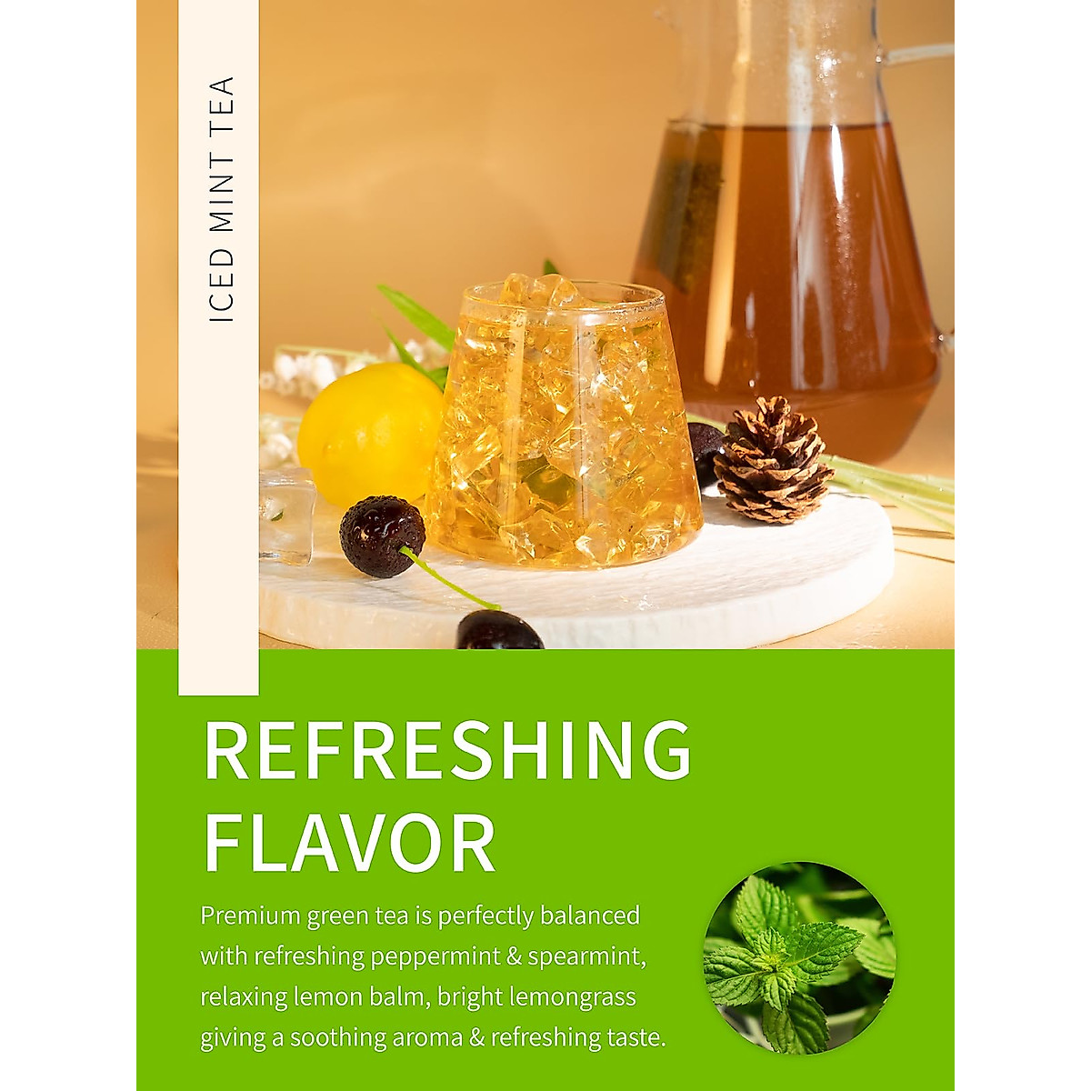 TeeLux Mint Iced Green Tea Bags, Green Tea with Peppermint, Spearmint, and Lemongrass, Family Size Refreshing Iced Tea, 30 Count