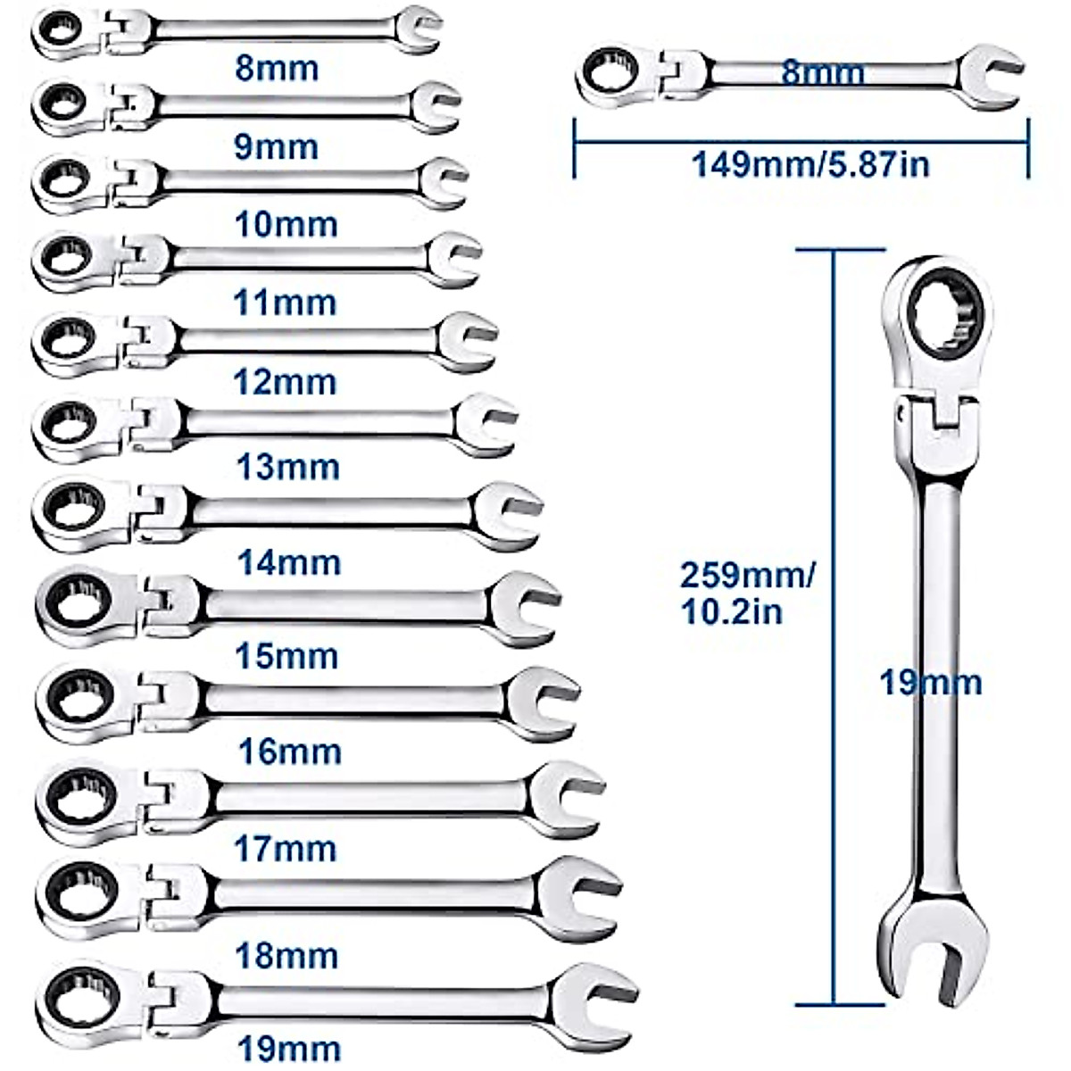 TR TOOLROCK 12pcs Flex Head Ratcheting Wrench Set- 8-19mm Metric Ratchet Combination Wrenches CrV Gear Spanner Set