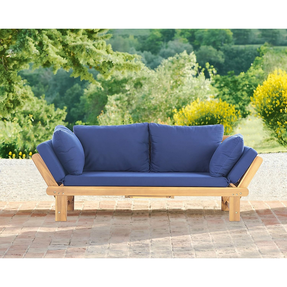FDW Outdoor Patio Couch Daybed Sofa Loveseat Seating Outdoor Couch Daybed with Adjustable Armrest, Wooden Loveseat with Cushion and Pillow and Expandable Plate