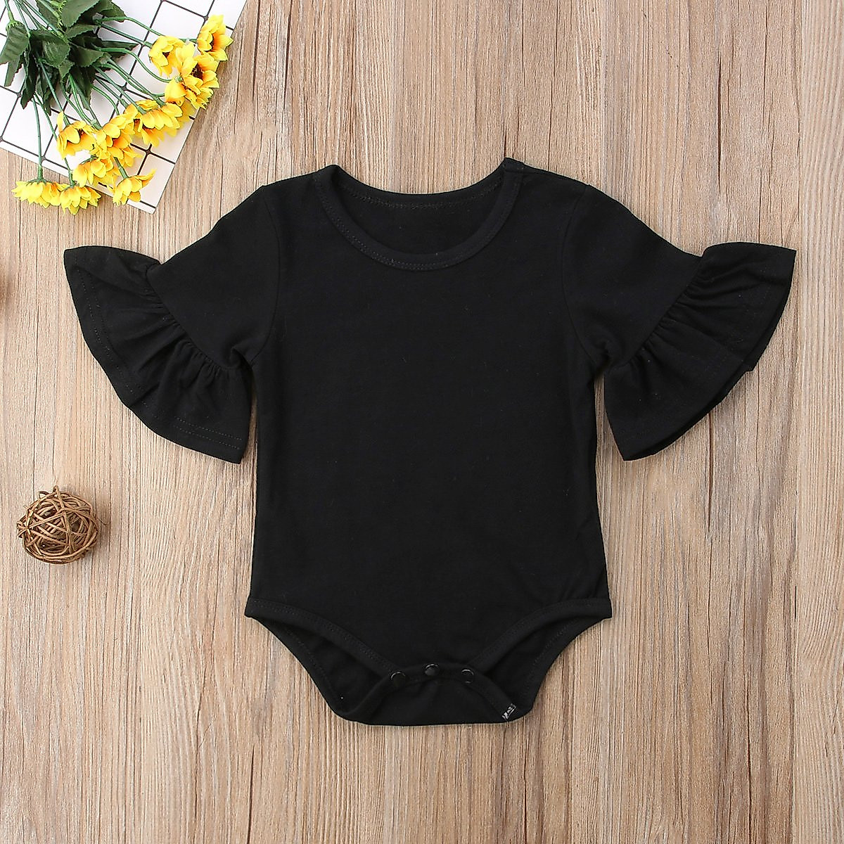 Mubineo Infant Baby Girl Basic Bell Short Sleeve Cotton Romper Bodysuit Tops Clothes (Black, 0-3 Months)
