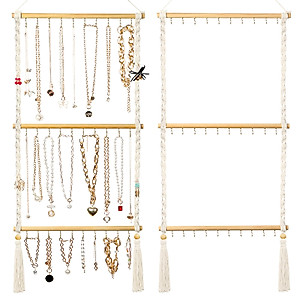 UREYMX Hanging Jewelry Organizer Macrame Necklace Holder, with 30 Hooks, Over Door Necklace Rack, Wall Mounted Jewelry Hanger with Tassel Boho for Necklace Headband Bow Earring Bracelet