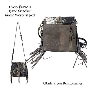 Urbalabs Western Cowhair Concealed Carry Womens Crossbody Fringe Purse Genuine Leather Handmade Stitched Handbag (Grey)
