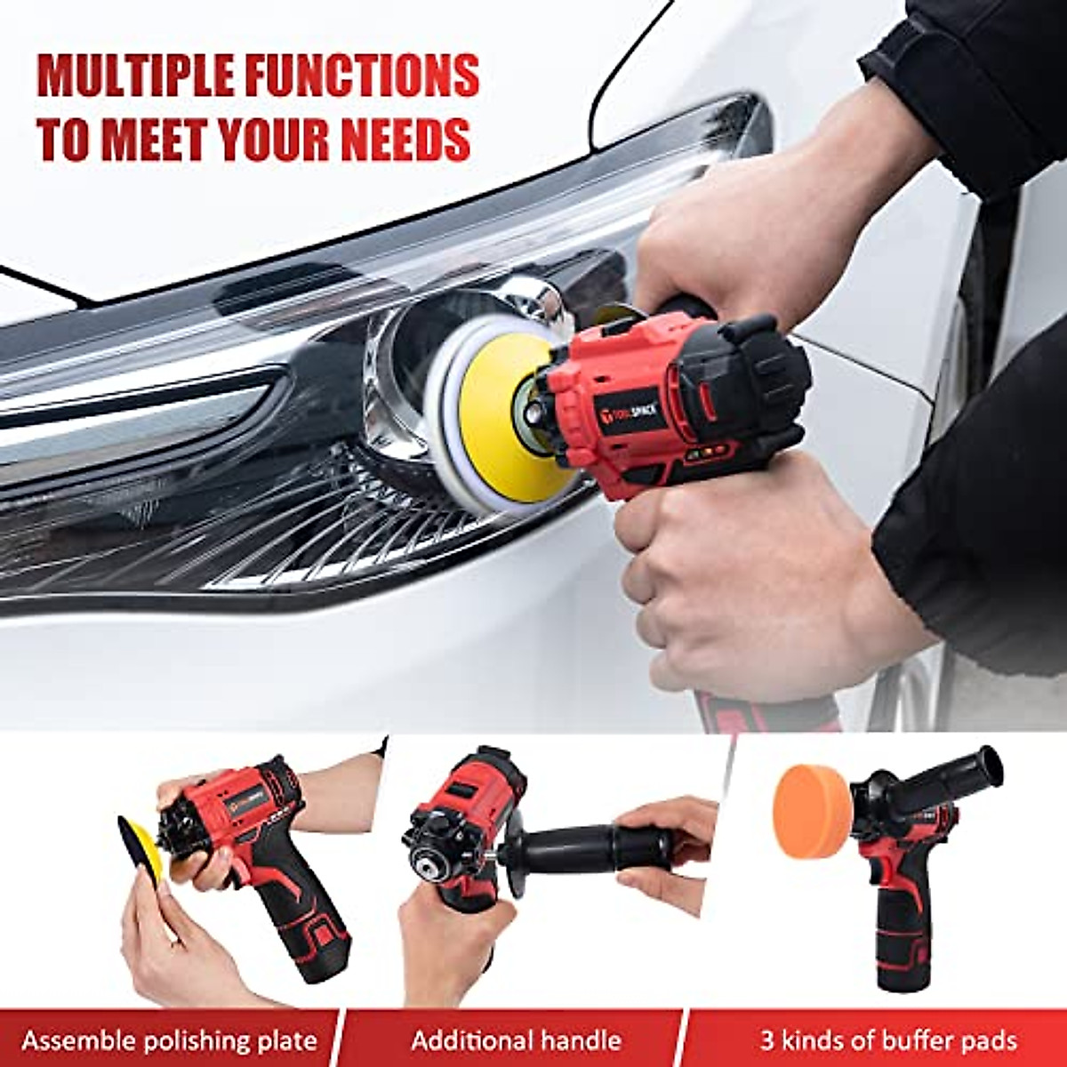 TOOLSPACE 12V Cordless Buffer Polisher, 3" Mini Car Detailing Buffer & Sander Machine Kit with 2 Li-Ion Batteries, 46pcs Variable Speed Trigger for Auto/DIY Polishing/Sanding/Waxing