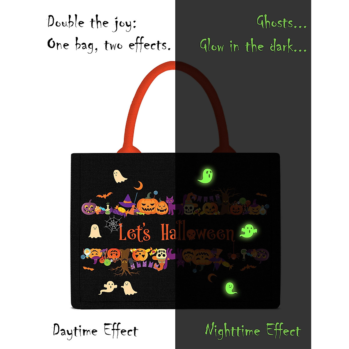 Let's Tote Halloween Canvas Candy Tote Bag With Handle, Ghosts Glow In The Dark, Great Pumpkin Halloween Party Gift. Reusable Bag for Trick or Treat, Candy Bucket. (Large)