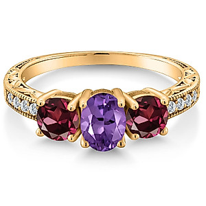 Gem Stone King 2.07 Ct Purple Amethyst Red Rhodolite Garnet 18K Yellow Gold Plated Silver Ring (Size 7)
