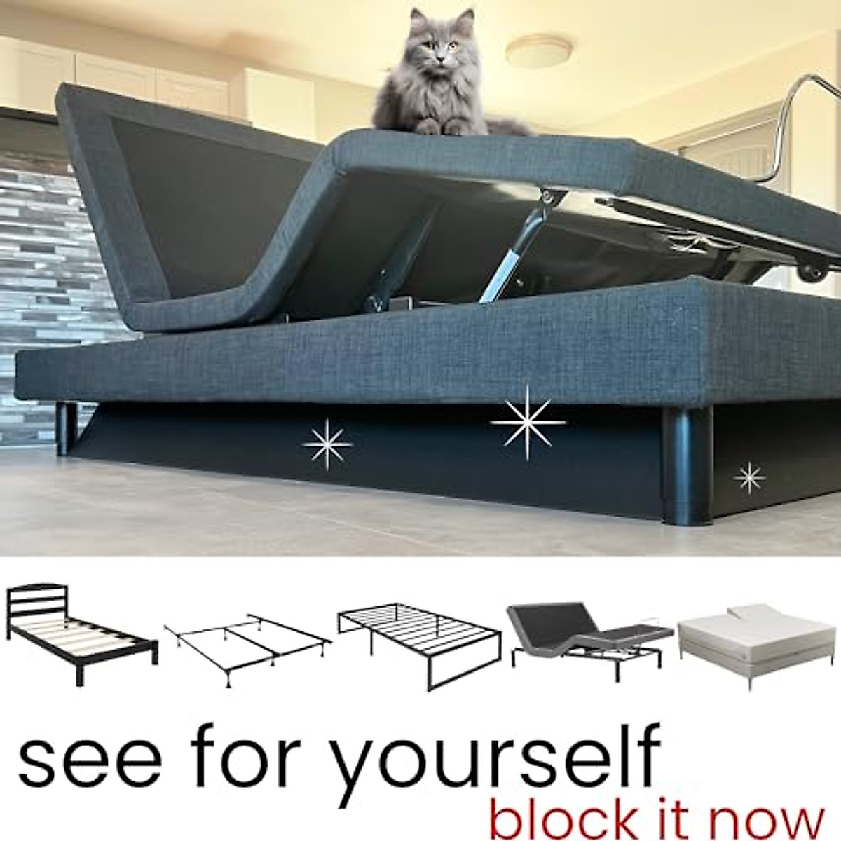 Under Bed Blocker for Pets - See What You’ve Been Missing. Whole Bed Set - Adjustable Height & Length, Custom Fits All Beds, Black Corrugated Cardboard