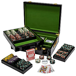 Showdown Poker Chips Set - 500 Heavyweight (13.5-Gram) Clay Composite Chips, Playing Cards, Dealer Button, & Hi-Gloss Wooden Case - Professional Casino Supplies, Kits, Holders, & Storage Container