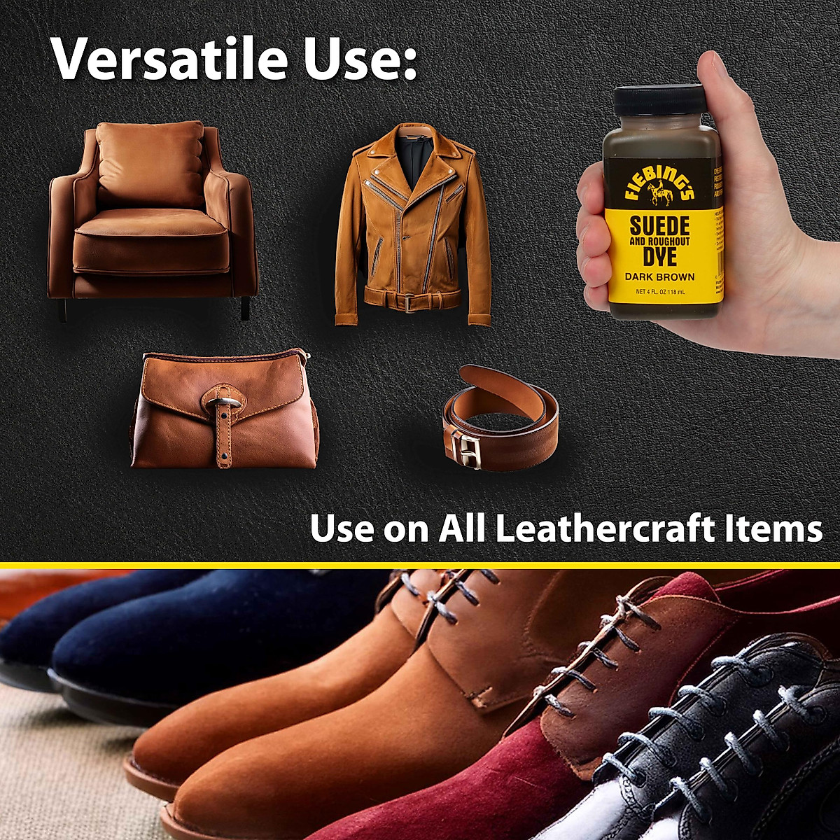 Fiebing's Dark Brown Suede Dye (4 oz) - Recolor, Brighten & Restore Suede & Roughout Leather Shoes, Furniture, Purse - Includes Wool Dauber for Easy Application - Flexible When Dry, Won't Crack/Peel