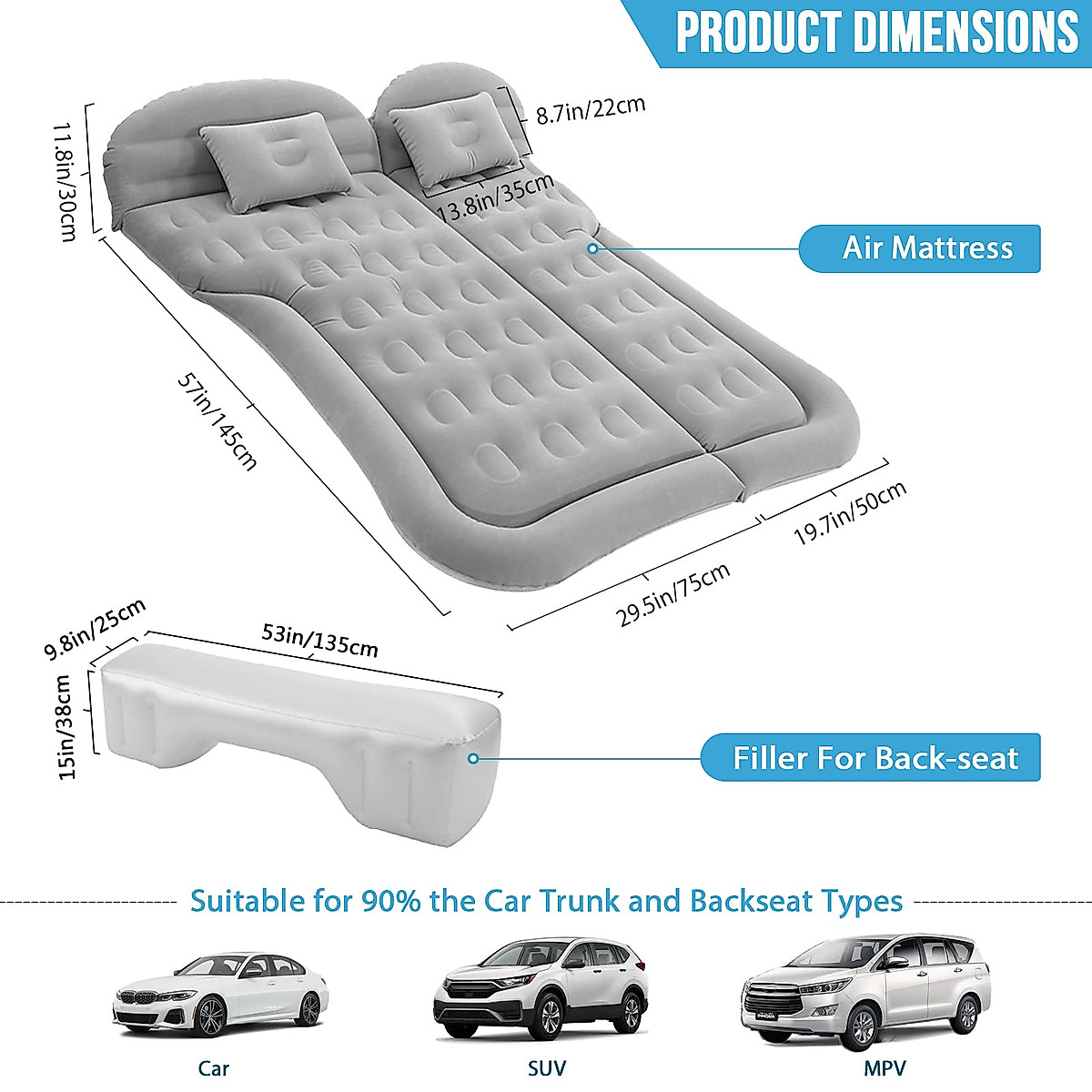 ISWEES Car Air Mattress, SUV Air Mattress, Car Mattress for SUV, Full Mattress with Electric Pump and 2 Pillows, Car Bed Air Mattress Flocking Portable Sleeping Pad for Home Outdoor Travel Camping
