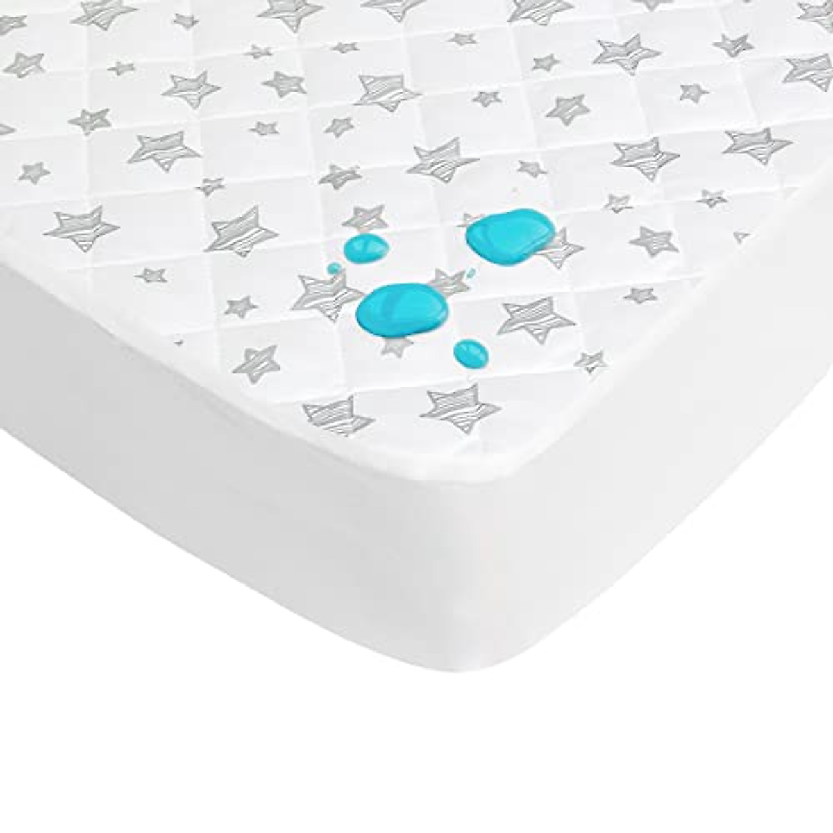 Crib Mattress Pad Protector Waterproof, Quilted Crib Mattress Pad Cover 52'' x 28'' Extra Soft Breathable Toddler Bed Cover Fitted Crib/Toddler Mattress Stretch Up to 8", White Star