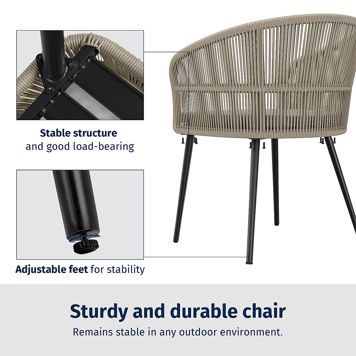 EAST OAK 3-Piece Patio Bistro Set, Patio Conversation Bistro Set with 2 Wide Ergonomic Chairs, Cushions & Glass Top Side Table, Outdoor All-Weather Wicker Furniture for Porch, Backyard, Brown & Grey