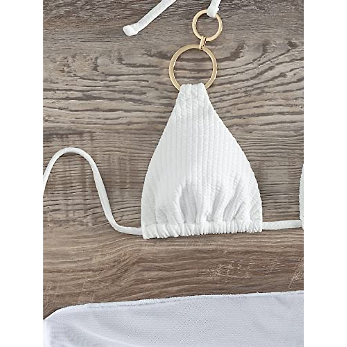 WDIRARA Women's Ring Halter Triangle Bikini Swimsuit 3 Piece Tie Back with Cover Up Bathing Suit White XXL