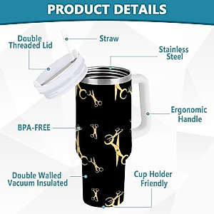 RPLIFE Elegant Cartoon Golden Scissors Black 40 Oz Tumbler with Handle, 30 Oz Tumbler, Tumbler for Men
