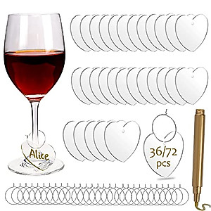 MAKALONE 36pcs DIY Acrylic Wine Glass Charms with 1 Gold Marker Pen Heart Shaped Drink Markers Clear Wine Glass Name Tags for Valentine's Day Stem Glasses Wedding Wine Tasting Party Favors
