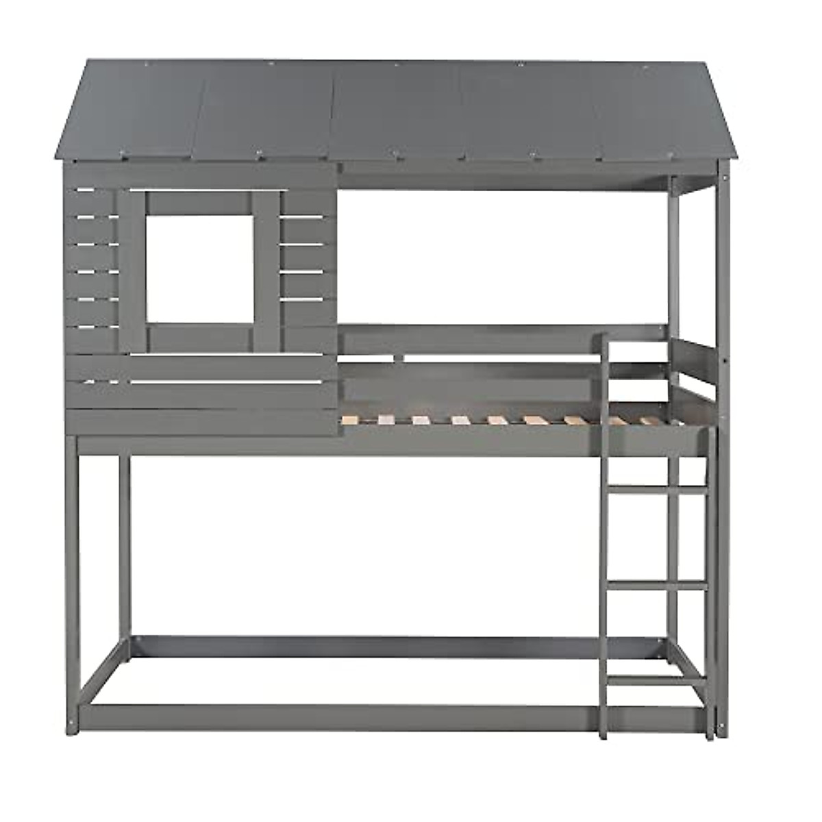 Tidyard Twin Over Twin Bunk Bed Wood Loft Bed with Roof, Window, Guardrail and Ladder Gray for Bedroom Dorm Guest Room Home Furniture