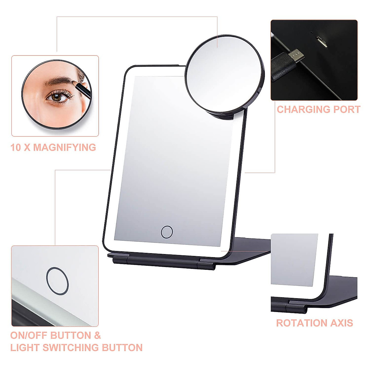 Foldable Double Sided Tabletop Mirror - Rechargeable Lighted Magnifying Mirror 10 X and 1X，3 Colors Light - Adjustable Foldable Handle for Makeup/Travel and Blackhead Removal.