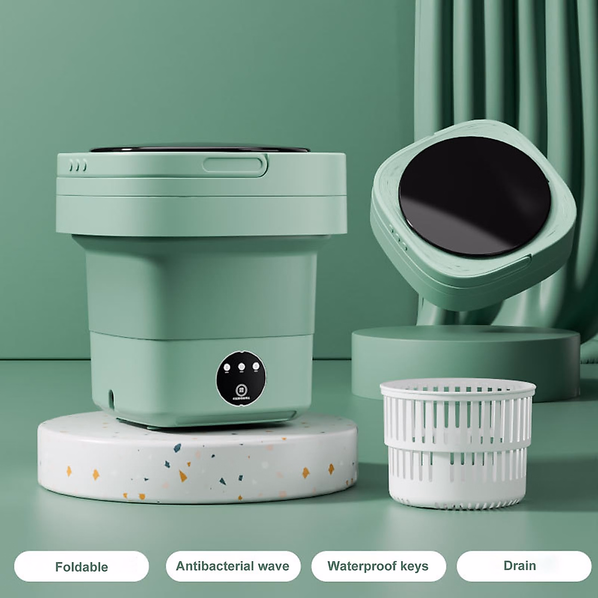 Kripyery 6.5Liter Convenient Washer, Foldable Mini Washer, Suitable for Washing Small Items Such as Baby Clothes, Underwear, Towels, Socks, for Dormitory, Camping Green