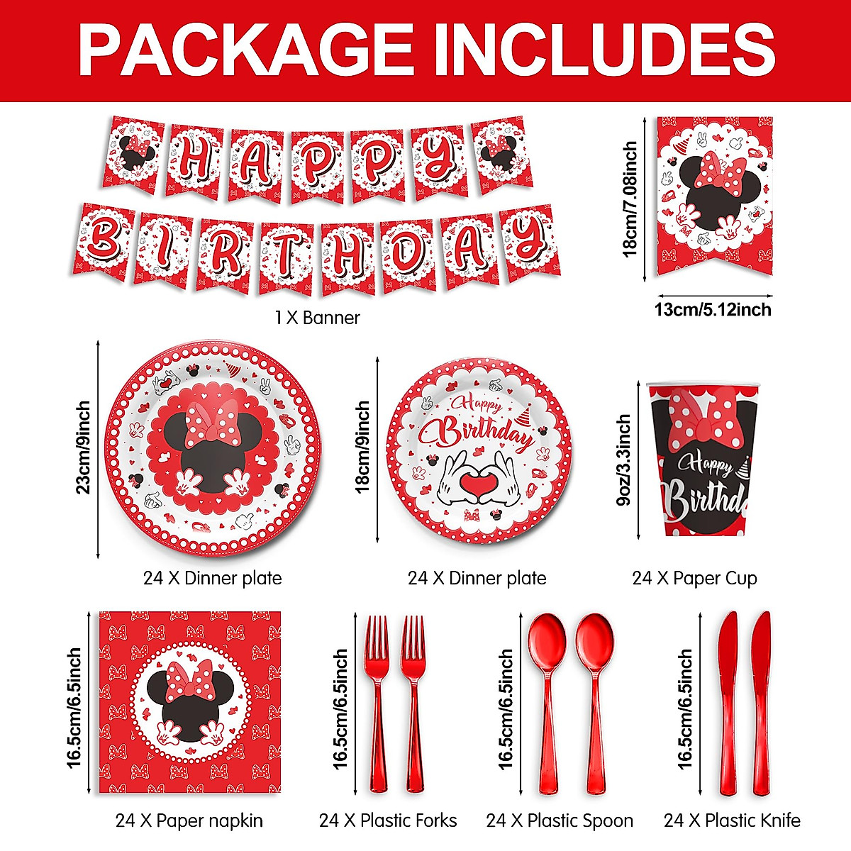 Piooluialy Red Minnie Birthday Party Supplies Tableware - Minnie Themed Party Decorations Include Banner, Dinner Plates, Cups, Napkins, Cutlery, for Minnie Birthday Party Decorations | 24 Guests