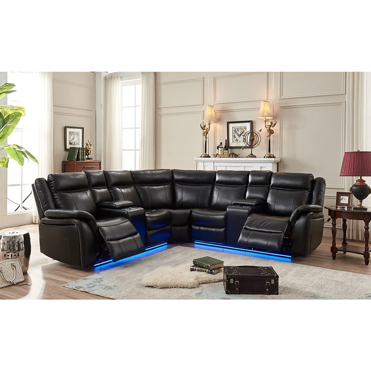 Power Reclining Sectional Sofa Set Faux Leather Recliner Couch with LED Lights/USB Port/Console Storage/Cup Holders Home Theater Sectional Sofa