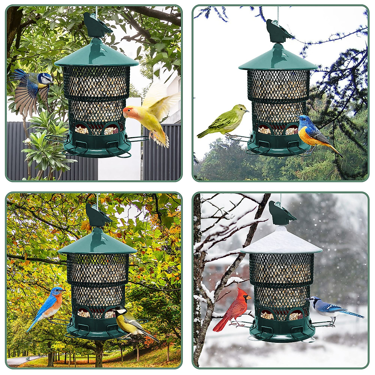 Bird Feeders for Outdoors Hanging, Way2Furn Wild Bird Feeder Squirrel Proof, Adjustable Metal Outside Feeder with 3.8 lbs Seed Large Capacity for Cardinal, Sparrow, Finch, Chickadee (Green)