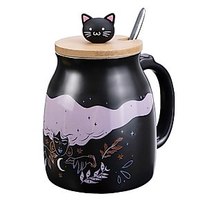 YUESHICO Witches coffee mug - Witch Ceramic Coffee Cup with Black Cat Bamboo Lid Stainless Steel Spoon, Novelty Morning Cup Tea Milk Christmas Halloween Mug Gift 420ML (Black)