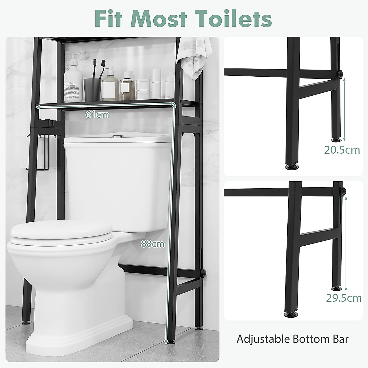 HAPPYGRILL Over The Toilet Storage, 3-Tier Over The Toilet Rack, Bathroom Space Saver w/ 2 Hanging Hooks, Adjustable Bottom Bar & Toilet Paper Holder, Metal Over Toilet Bathroom Organizer (Black)